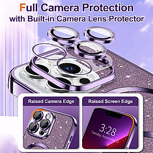 Hython for iPhone 13 Pro Max Case Glitter, Clear Magnetic Phone Cases with Camera Lens Protector [Compatible with MagSafe] Bling Sparkle Plating Soft TPU Slim Shockproof Protective Cover Women-Purple
