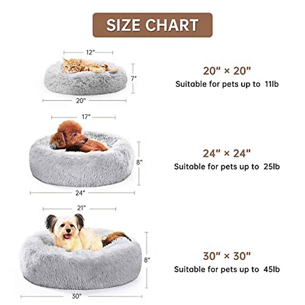 OYANTEN Small Dog Bed Large Cat Bed - Cat Beds for Indoor Cats, Calming Donut Kitty Bed, Round Pet Beds for Small Medium Cats, Soft Fluffy Warm and Cozy (20in, Misty Gray)