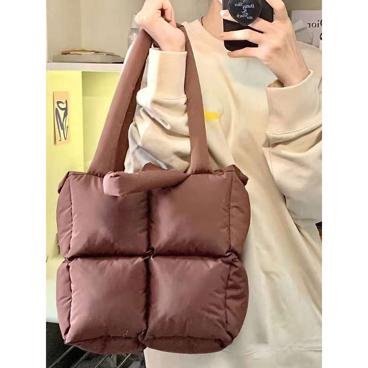 Puffer Tote Bag Women's Glossy Quilted Zipper Closure Puffy Tote Bag Down Padded Shoulder Bag Cute Handbag Aesthetic Handbag (Z-Brown)