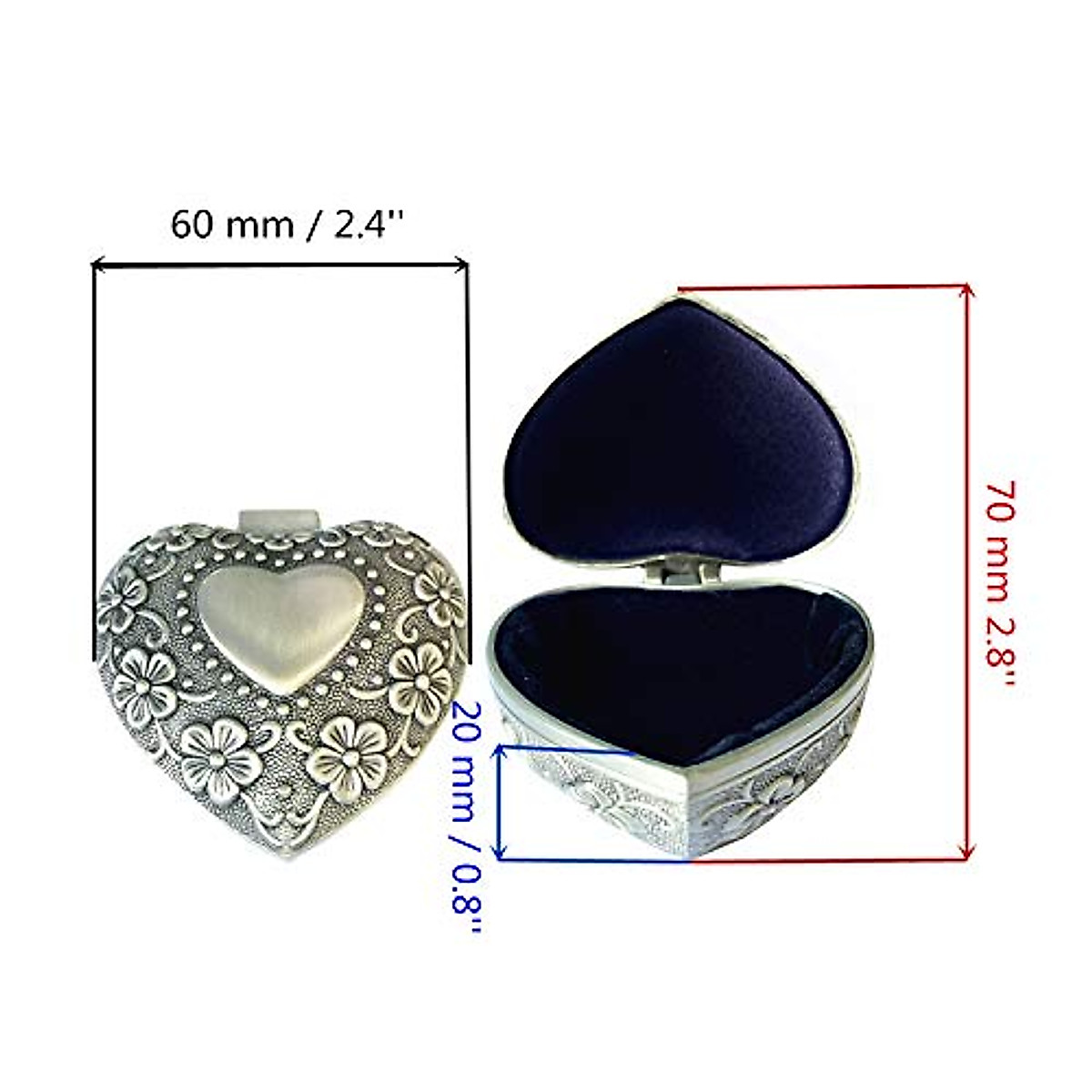 TANG SONG 2 Packs Small Metal Heart Shape Jewelry Box Classic Vintage Antique Ring Box Trinket Storage Organizer Chest (Silver)