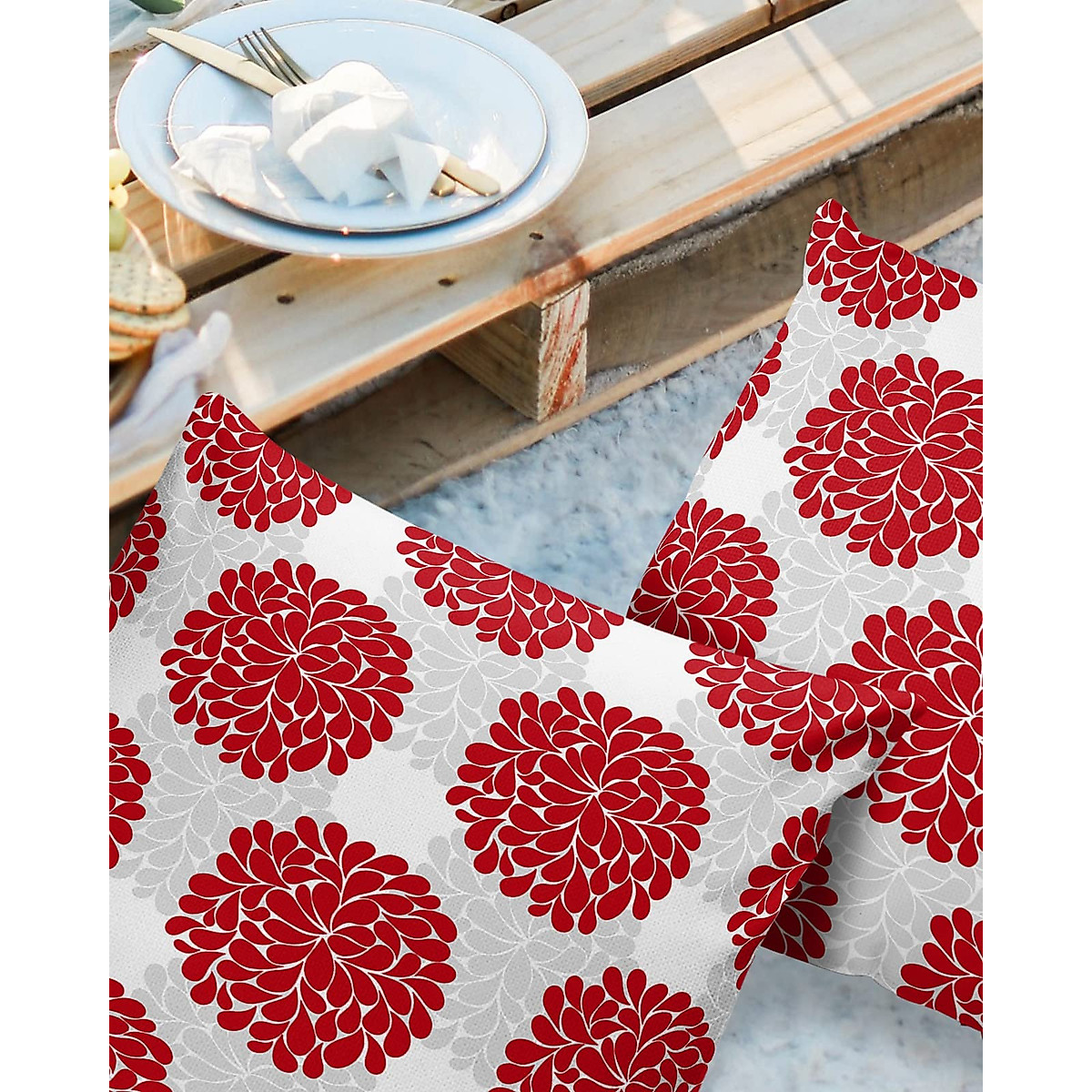 Waterproof Outdoor Throw Pillow Cover Hydrangea Flowers Lumbar Pillowcases Set of 2 Red Grey Floral Decorative Patio Furniture Pillows for Couch Garden 18 x 18 Inches
