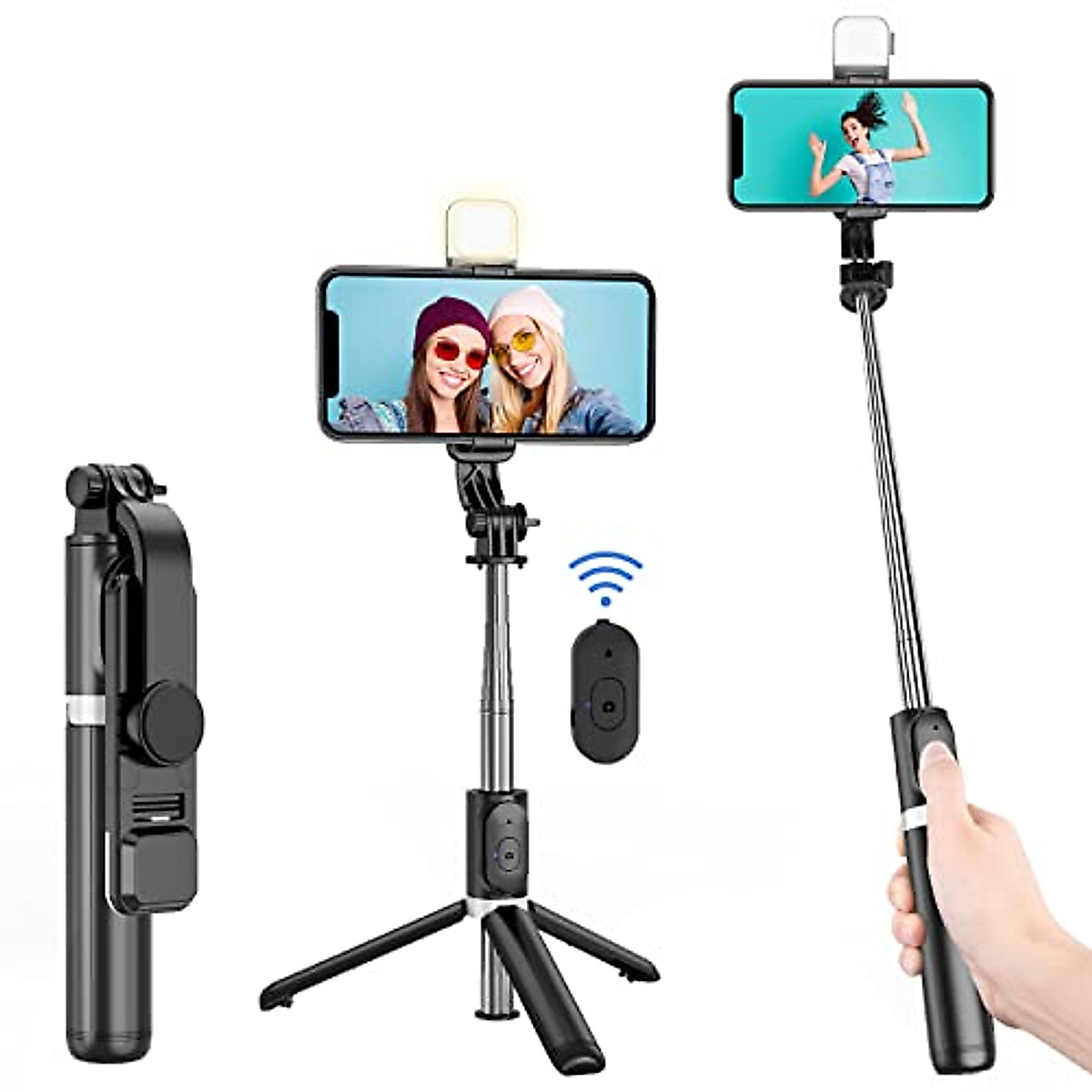 Aureday Selfie Stick with Wireless Bluetooth Remote, Portable 41 Inch Gopro Selfie Stick Tripod with Light, Compatible with iPhone 14/13 Pro/12/11 Pro/Max/XS/XR/X/8/7 and Android Smartphones