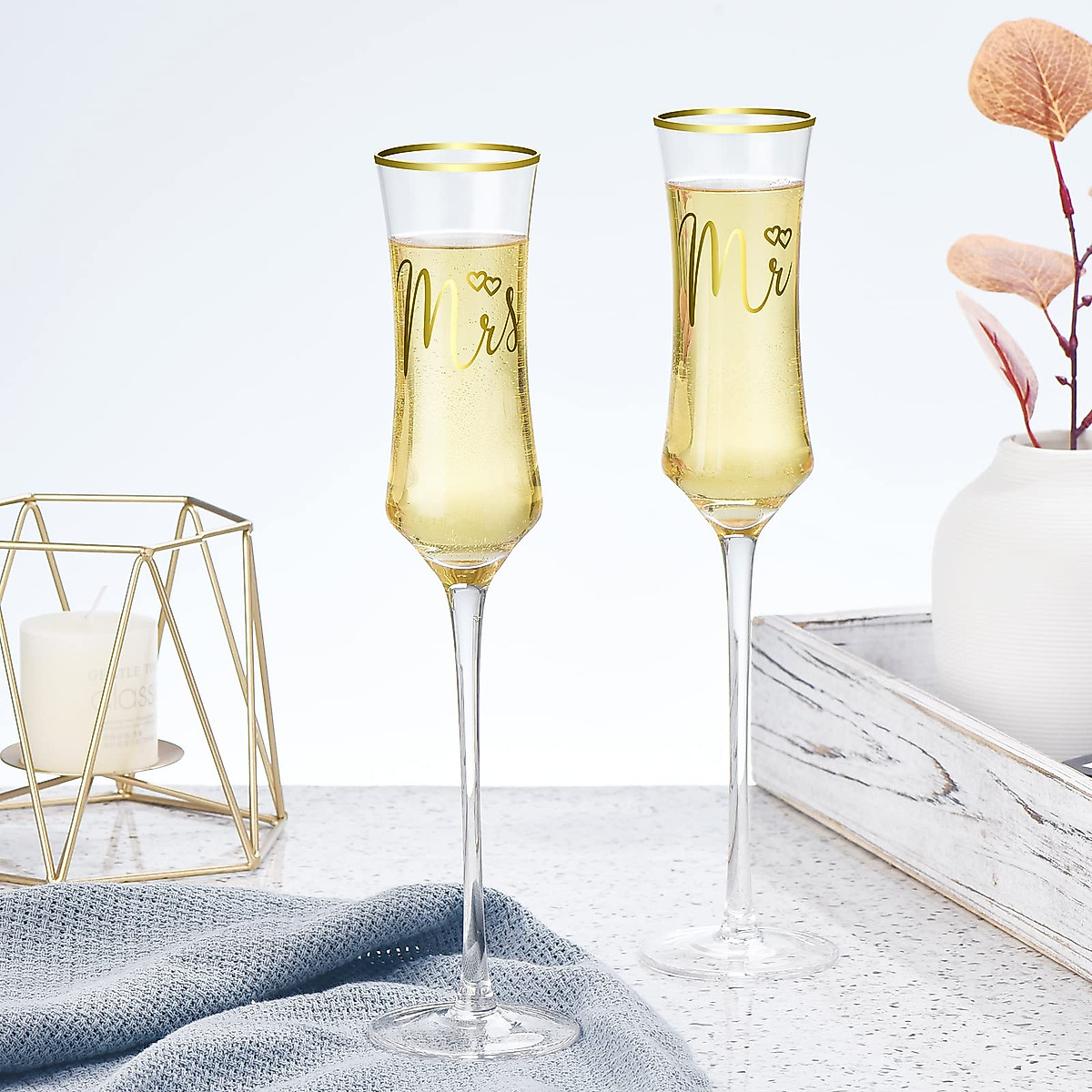 ROXBURGH Champagne Flutes Glasses Set of 2, Hand Blown Crystal Wedding Toasting Flutes for Bride and Groom, Long Stem Mr and Mrs Champagne Glasses for Wedding Engagement Anniversary Christmas Gifts