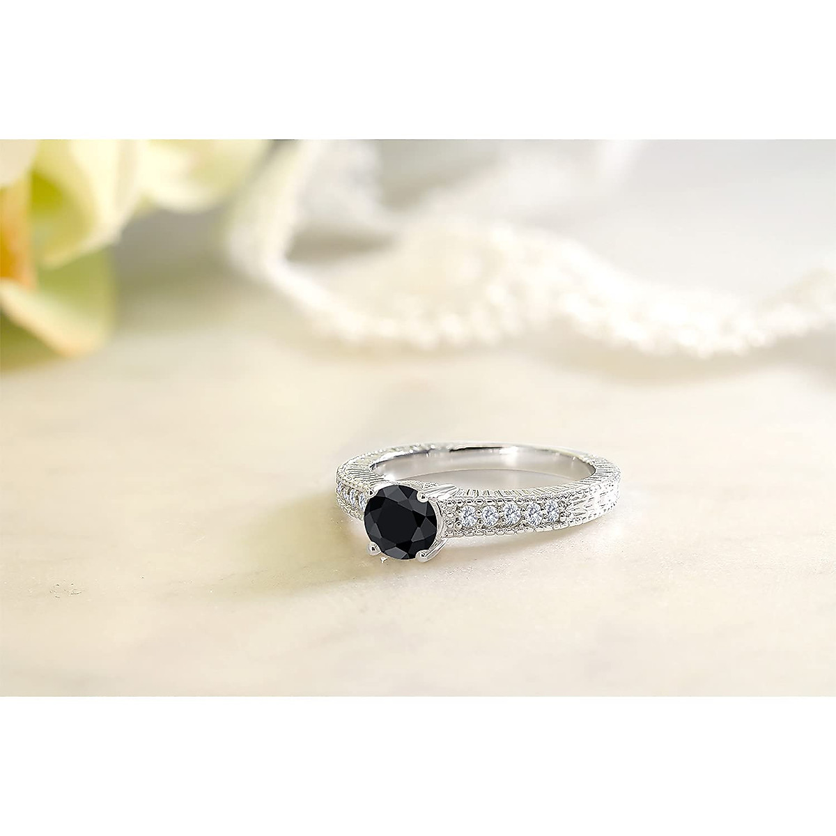 Gem Stone King 925 Sterling Silver Round Black Sapphire and White Moissanite Women Engagement Ring (1.30 Cttw, Gemstone Birthstone, Available In Size 5, 6, 7, 8, 9)