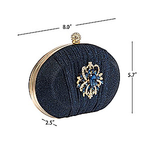 Mulian LilY Navy Blue Evening Bags For Women Pleated Glitter Rhinestone Crystal Brooch Clutch Purse With Detachable Chain Strap M268
