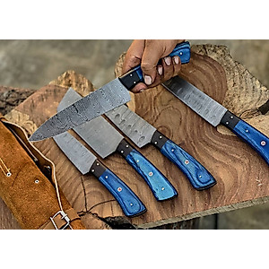 Handmade Damascus steel Chef Knives set with sharpener| 6 pcs of Professional Utility kitchen Knife Set with cleaver and leather Roll Bag