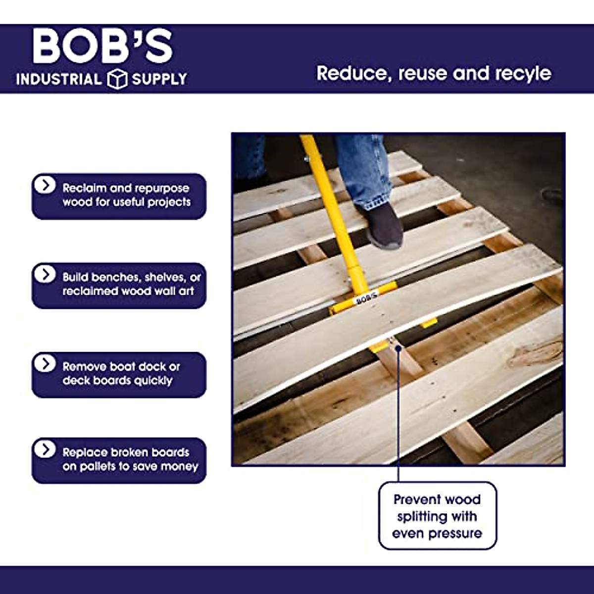 BISupply Pallet Buster Tool with Handle 3 Section 41in - Deck Wrecker Dismantler Wood Pallet Tool Breaker Pry Bar Puller