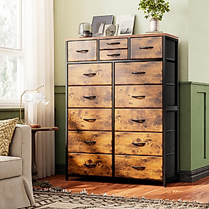 EnHomee 14 Drawer Dresser, Tall Dressers for Bedroom, Large Bedroom Dressers & Chests of Drawers, Sturdy Metal Frame & Wood Top, Easy Assembly, Closet, Living Room, Rustic Brown