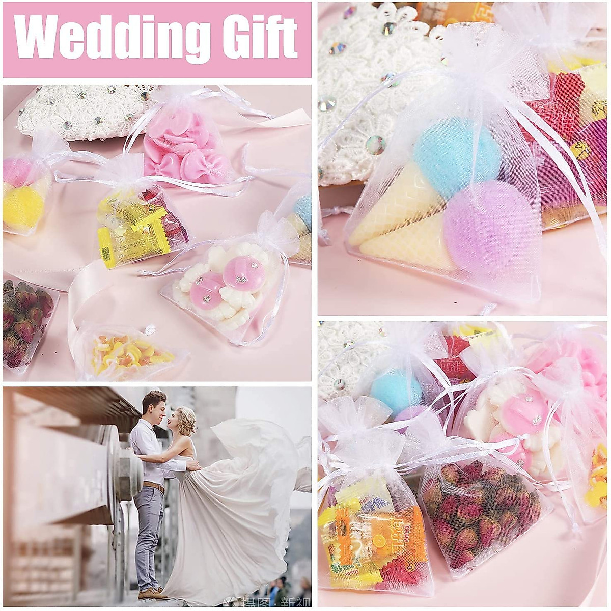 FOBGEL 50 Pcs White Organza Bags 3.5x4.7 (9x12cm), Drawstring Jewelry Gift Bag, Gift Bags Medium Size, For Party, Jewelry, Christmas, Lavender, Festival, Bathroom Soaps, Makeup, Organza Favor Bags