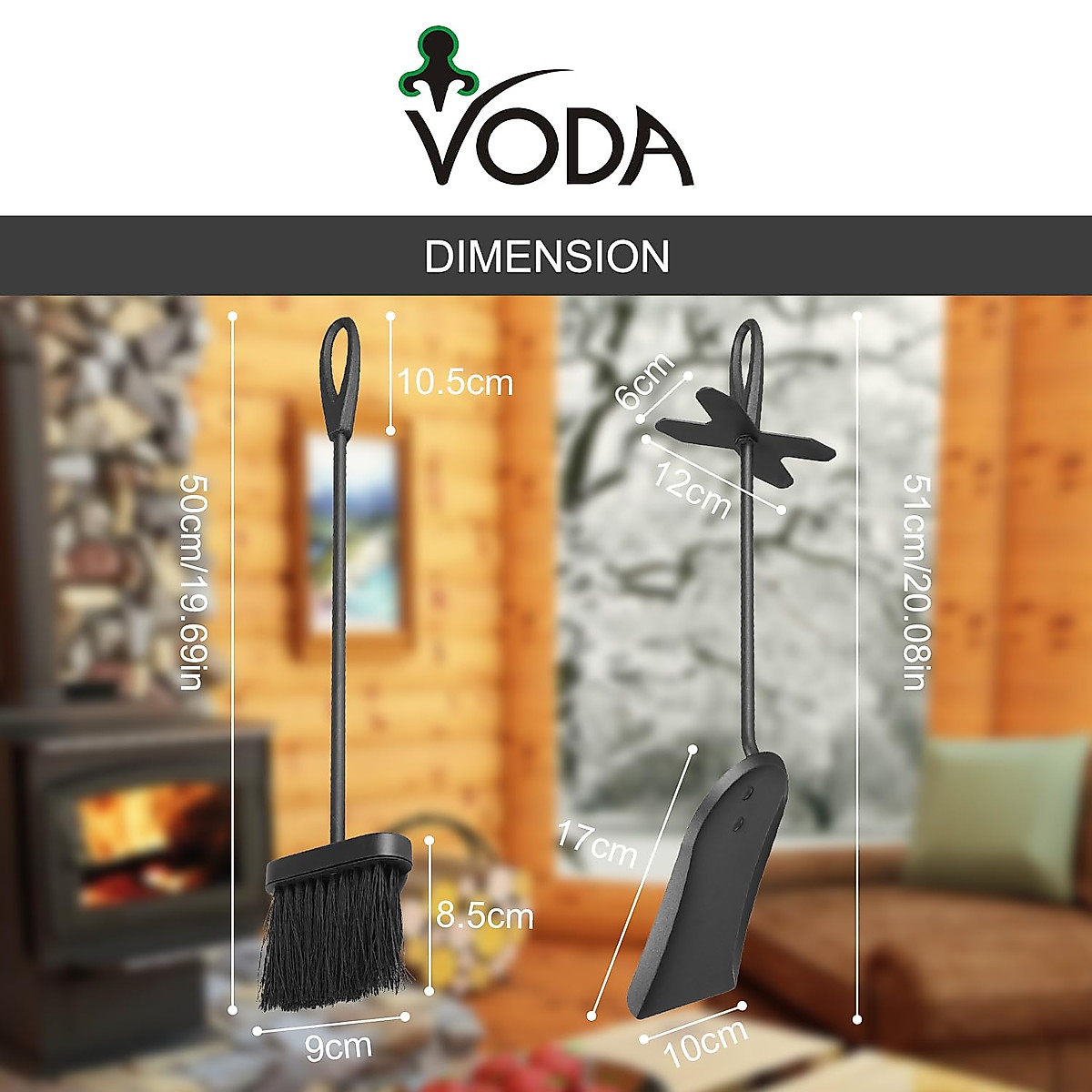 VODA Black Hearth Tidy Set Fireplace Tool Set Coal Shovel Hearth Brush Set Metal Brush Pan Set