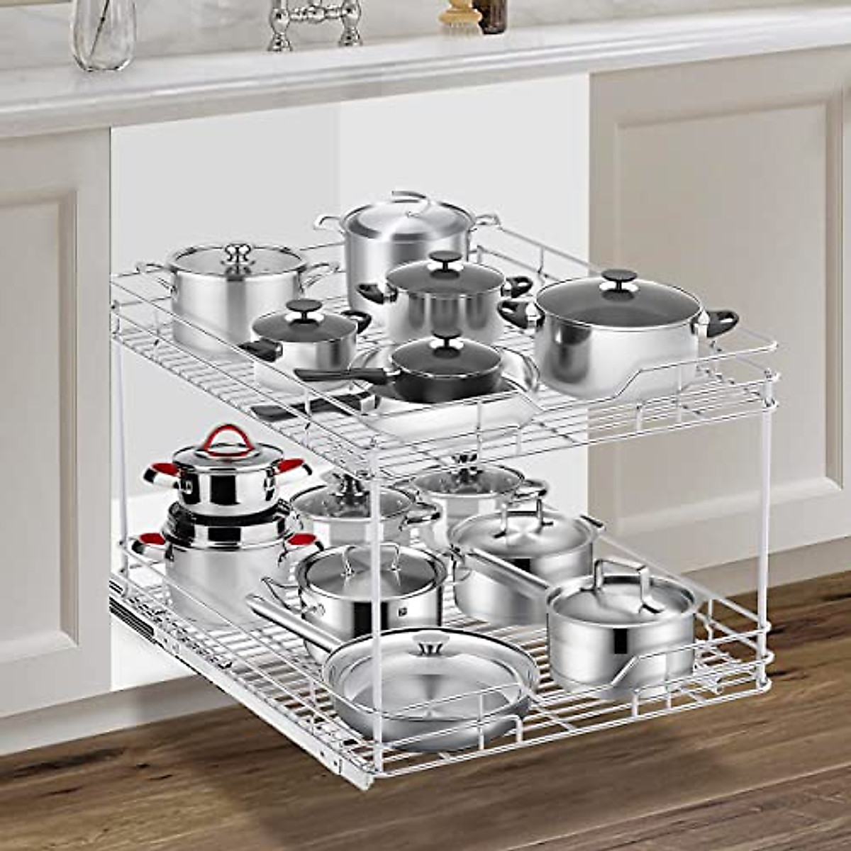 BONADOM 2 Tier Pull Out Cabinet Organizer(21''Dx17''W) Heavy Duty Slide Out Drawers for Kitchen Cabinets Storage Roll Out Shelf Rack Storage for Pots, Pans, PullOut Cupboard Organizer