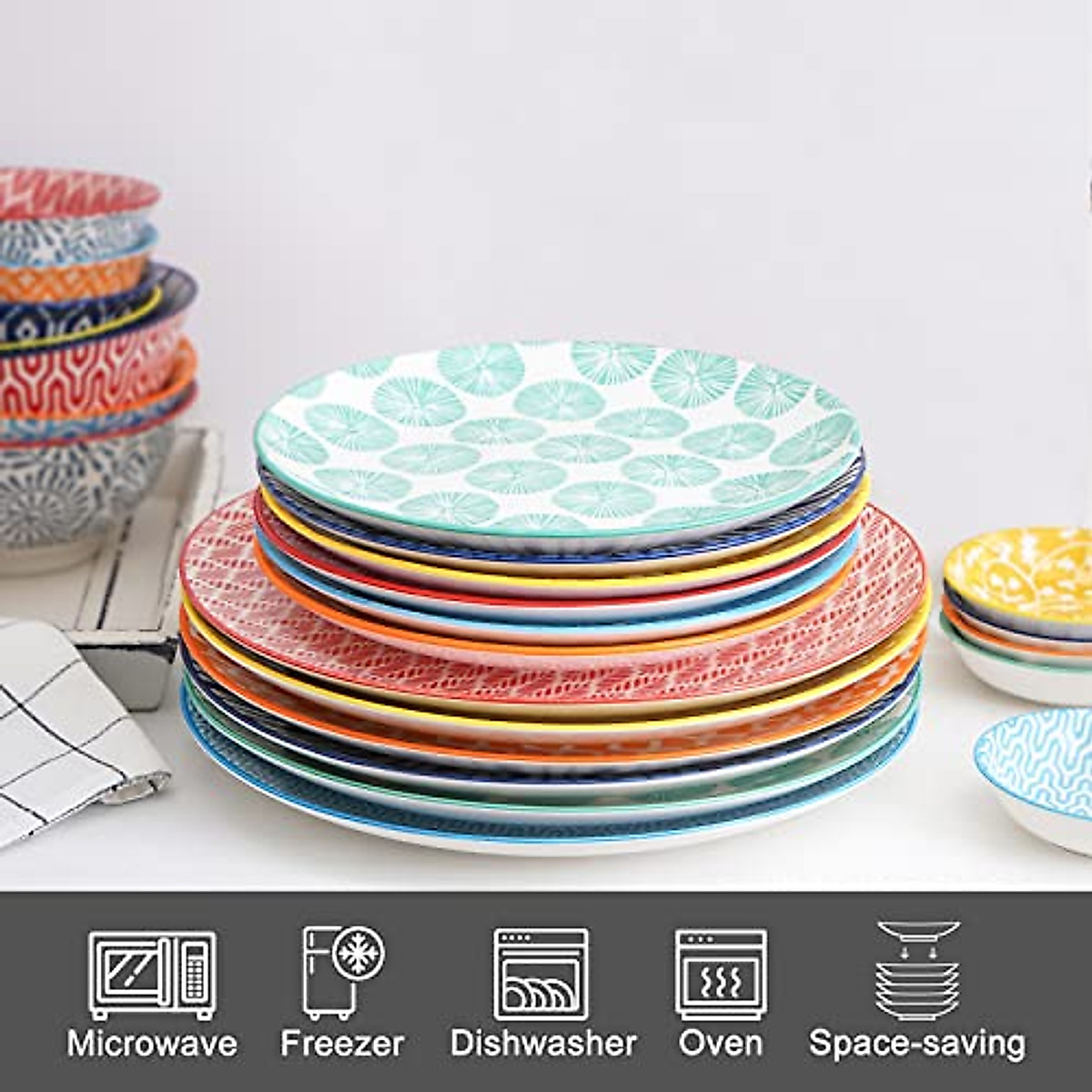 KitchenTour Ceramic Dinner Plates - 8 Inch Dessert Pizza Pasta Salad Plate Set - Dishwasher and Microwave Safe - Set of 6, Vintage