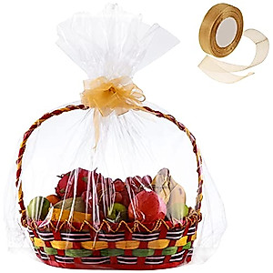 50 Packs Large Clear Cellophane Basket Bags 24" x 30" Cellophane Basket Gift Bags Heavy-duty Plastic Wrapping Paper for Gifts, Arts, Crafts, Treats, Chiffon Ribbon Included