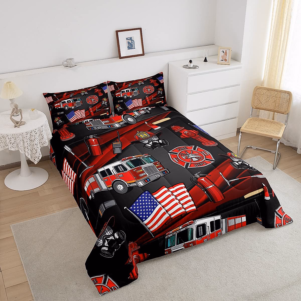 American Flag Comforter Set Queen Size,Cartoon Fire Truck Bedding Set 3pcs for Kids Teen Girls Boys Room Decor, Fire Fighting Supplies Quilt Set Fire Extinguisher Duvet Insert with 2 Pillowcases