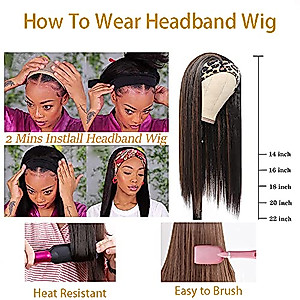 Angels Beauty Headband Wig for Women Black/Brown Long Straight Headband Wig Premium Synthetic Headband Wig Natural Glueless None Lace Front Wigs with Headbands & Wig Caps (22 Inch Black/Brown)