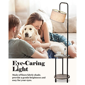 ELYONA Farmhouse Floor Lamp with Grey Desk Lamp, Bedside Table Lamp with Wireless Charging & USB Ports, Nightstand Lamp with Solid Wood Shelves,Standing Light for Bedroom, Living Room, Office