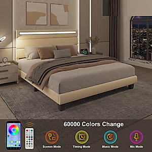 Kallabe King Size Bed Frame with LED Lights, Upholstered Bed Frame with Charging Station and Linen Fabric Tufted Headboard, Wood Slats Support, Noise-Free, Easy Assembly, No Box Spring Needed, Beige