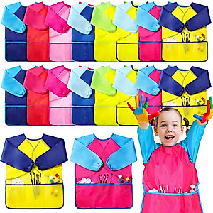 Janmercy 18 Pcs Kids Art Smocks Painting Apron Waterproof Art Smock Long Sleeve with Pocket for Eating Craft, Age 5-8 Years(Multi Colors)