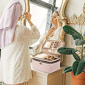 BAGSMART Makeup Bag, Double-Layer Makeup Case with Acrylic Mirror Cosmetic Organizer Bag Train Case for Makeup Brushes Palettes Sponge Toiletries, Pink