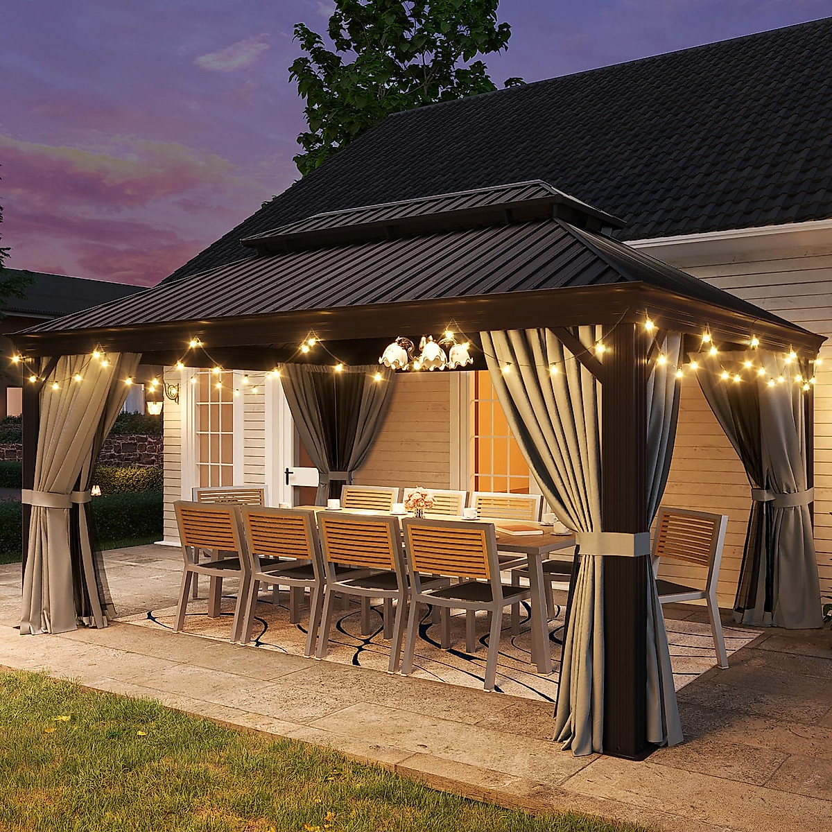 Aoxun 12' x 16' Permanent Hardtop Gazebo with Galvanized Steel Double Roof and Aluminum Frames Outdoor Large Pavilion Gazebo for Patio Deck Garden, Nettings and Curtains Included, Gray