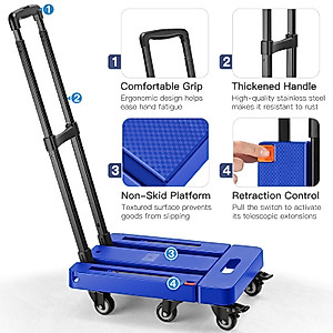 Homaisson Folding Hand Truck, Heavy Duty Dolly Cart for Moving, 550 LBS Hand Truck with 6 Wheels & 2 Rope for Luggage, Moving, Shopping, Office Use (Blue)
