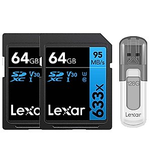 Lexar LSD64GCB1NL633 2-Pack Professional 633x 64GB UHS-1 Class 10 SDXC Memory Card Bundle 128GB JumpDrive V100 USB 3.0 Flash Drive