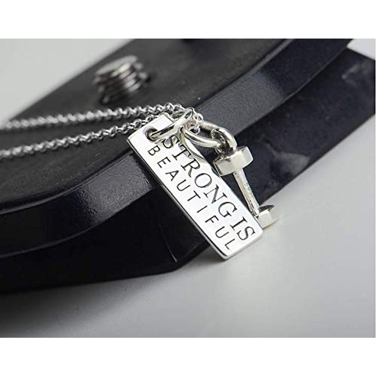 Sterling Silver Necklace "Strong Is Beautiful" Engraved Dumbbell Barbell Gym Buff Pendant Necklace 18"