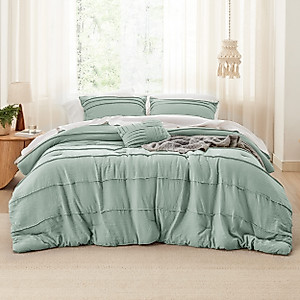 Bedsure Queen Comforter Set - 4 Pieces Pinch Pleat Bed Set, Sage Green Boho Bedding for All Season, 1 Soft Comforter, 2 Pillowcases, 1 Decorative Pillow