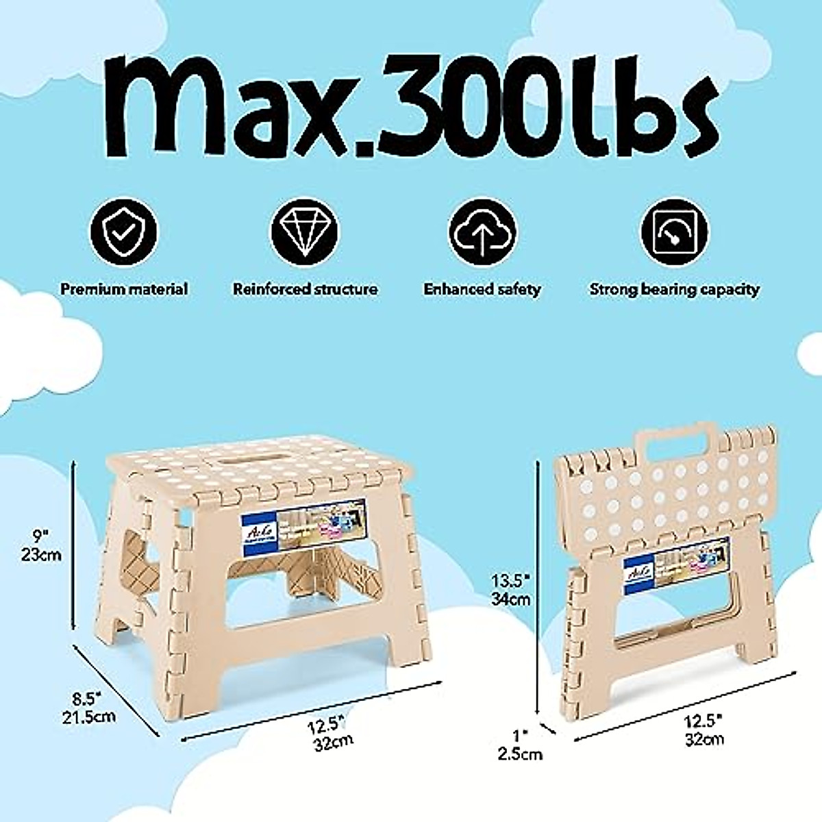 ACKO Folding Step Stool 9 Inch Step Stool 300 lb Capacity Plastic Foldable Step Stools for Kids and Adults, Folding Stool Suitable for Kitchen, Stepping Stool with Handle Khaki Small Step Stool 1PC