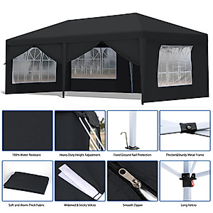 FOOWIN Canopy 10'X20' Tent Pop-up Canopy Commercial Tent with 6 Removable Sidewalls Tents for Parties with 12pcs Stakes，6 pcs Ropes Outdoor Carport Canopy Shade for Patio/Outdoor (Black)