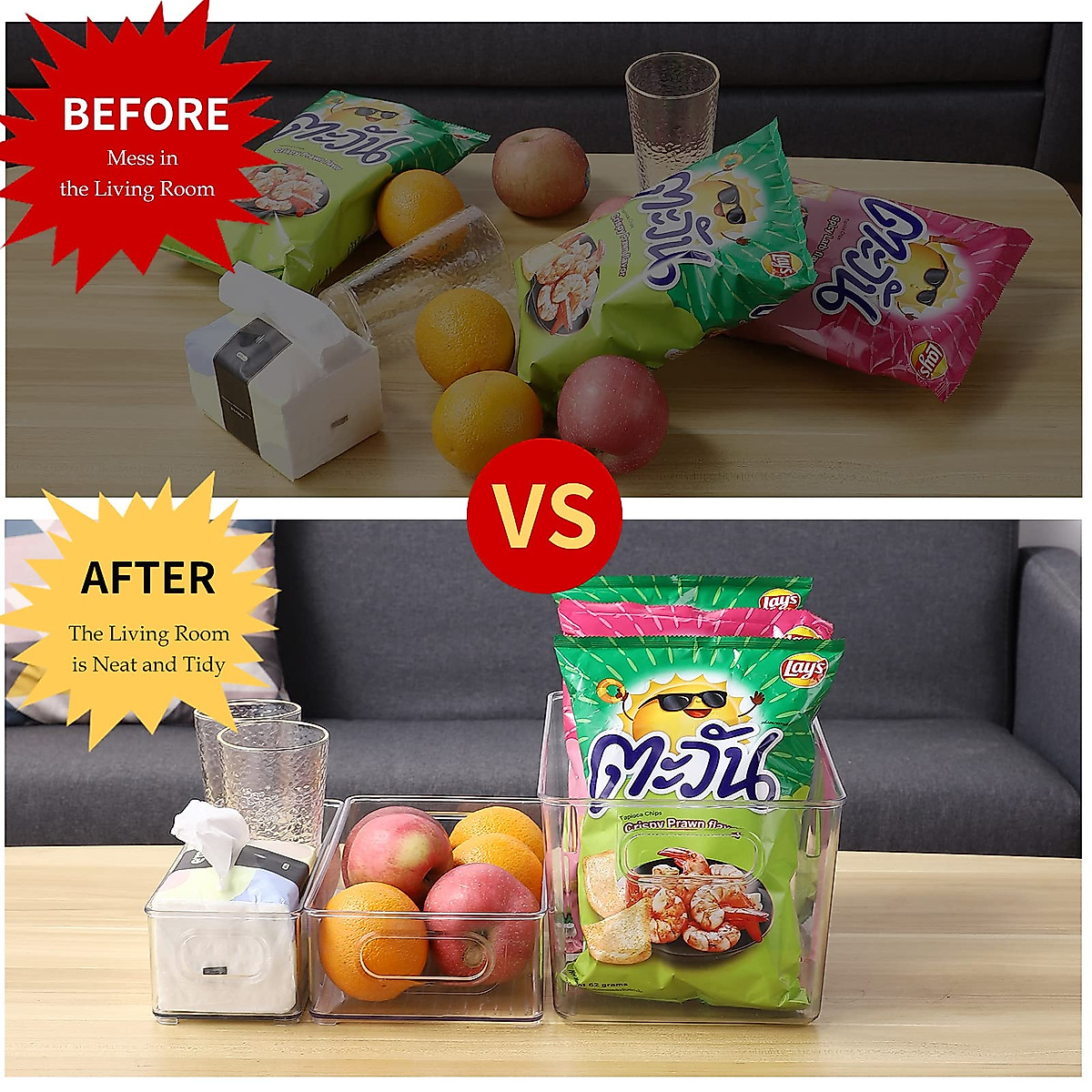 Refrigerator Organizer Bins, Clear Pantry Organization and Storage with Cutout Handles, Set Of 6 Stackable Plastic Freezer Organizer Bins for Fridge, Cabinet, Kitchen Countertops - BPA Free