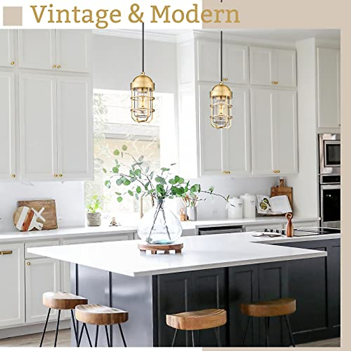 Emliviar Modern Gold Pendant Light with Metal Cage, Mini Ceiling Hanging Light with Clear Tempered Glass for Kitchen Dining Room, Gold Finish, GE255P BG