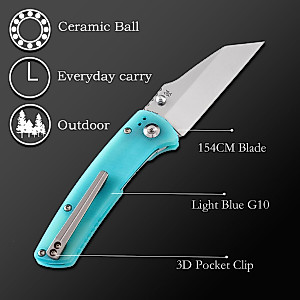 Kansept Folding Knife Main Street 7.92in Folding Pocket Knives with 3.36in Stonewashed 154CM Wharncliffe Blade and Blue G10 Handle for Outdoor, Tactical, Survival, Dirk Pinkerton Deisgn Camping Hunting T1015B4