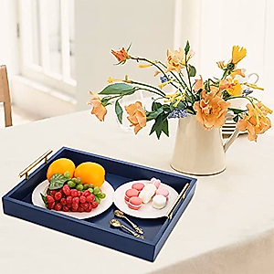 Fasmov Coffee Table Tray Decor, Wood Serving Tray Bathroom Vanity Tray, Decor Tray, Dresser Organizer Vanity Trays for Jewelry & Perfume with Gold Metal Handles