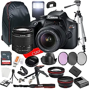 Canon Rebel T100 (EOS 4000D) DSLR Camera w/EF-S 18-55mm F/3.5-5.6 Zoom Lens + 64GB Memory + Back Pack Case + Tripod, Lenses, Filters, & More (28pc Bundle) (Renewed)