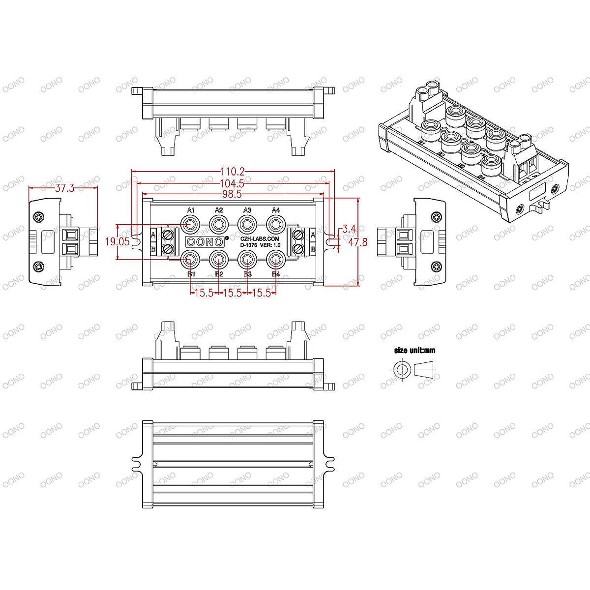 Screw Mount 2 x 4 Position Banana Jack Distribution Module, DC Power Strip
