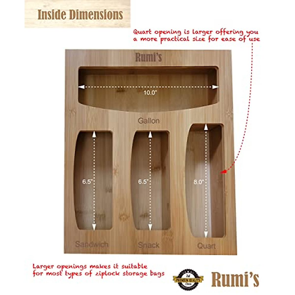 RUMI'S Ziplock Bag Storage Organizer for Drawer Bamboo Gallon, Quart, Sandwich, Great Value, Glad, Hefty Larger & More Practical Size: 13.5'' x 12.0'' x 3.0'' Inches. Golden Yellow 1 1.0 Count