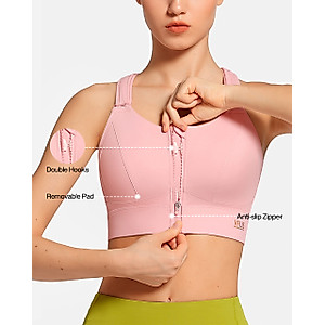 VFUS Sports Bras Adjustable Zip Front High Impact for Women Full Coverage Removable Padded Workout Running (Small, Pink)