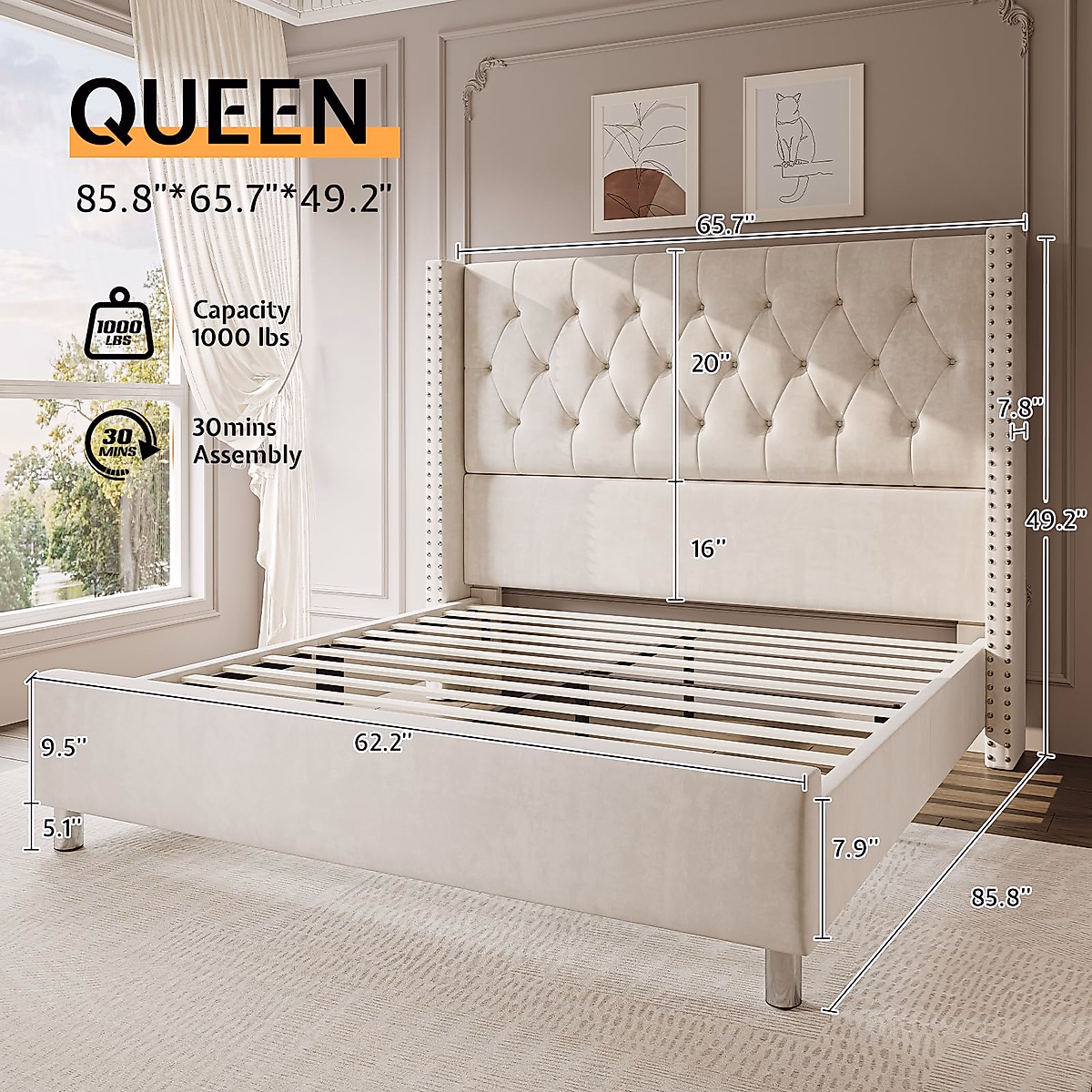 Jocisland Queen Bed Frame Upholstered Bed Wingback Headboard Velvet Tufted Diamond Button/No Box Spring Needed/Easy Assembly/Cream