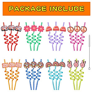 24 Pcs Hippie Boho Party Straws Two Groovy Reusable Plastic Drinking Straws with Cleaning Brush Peace Love 60's Rainbow Flower Birthday Supplies