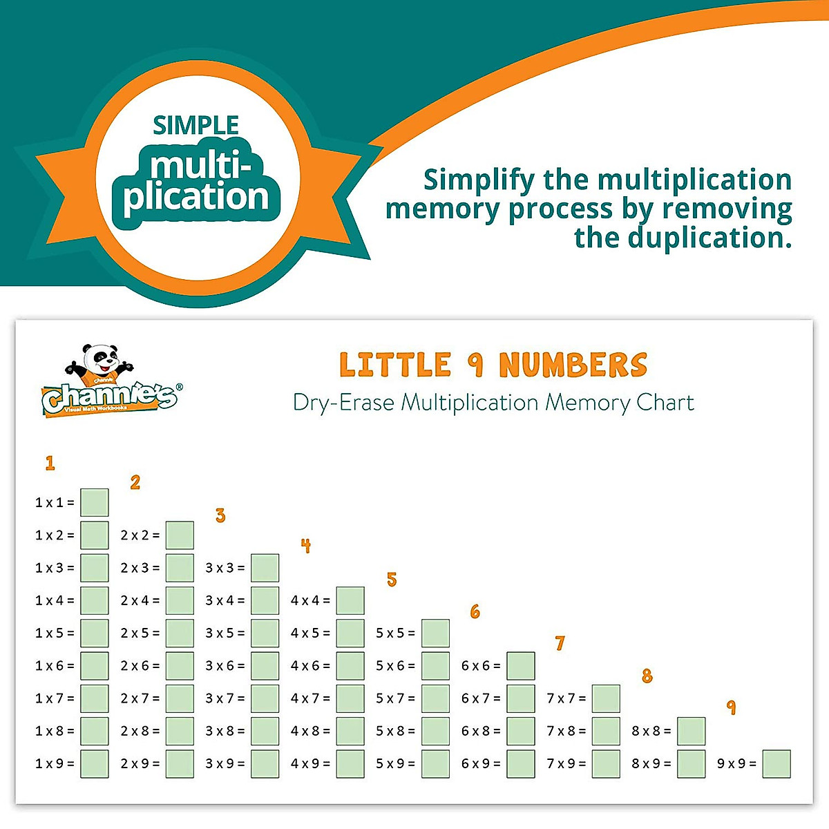 Channie’s Dry Erase My Little 9 Numbers Multiplication Chart to Help Children Ages 6+ Learn, Write & Practice All in One Poster, 8.5" x 14"