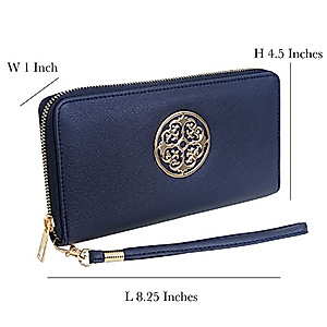 Rebecca & Rifka Women's Large Saffiano Vegan Leather Medallion Zip Around Multi Holder Organizer Wristlet Large Capacity Travel Clutch Wallet (Navy)