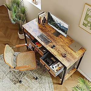 CubiCubi 47 Inch Computer Desk with Fabric Drawers and Storage Shelfs, Small Office Home Desk, Study Writing Table, Modern Simple Desk, Rustic Brown