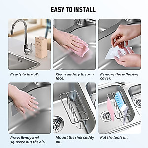 Sponge holder for kitchen sink, 3-in-1 Kitchen Sink Caddy with Adhesive Pad, SUS304 Stainless Steel Sink Sponge Holder, Kitchen Sink Organizer for Sponge, Dish Brush and Dish Towel, No Drilling