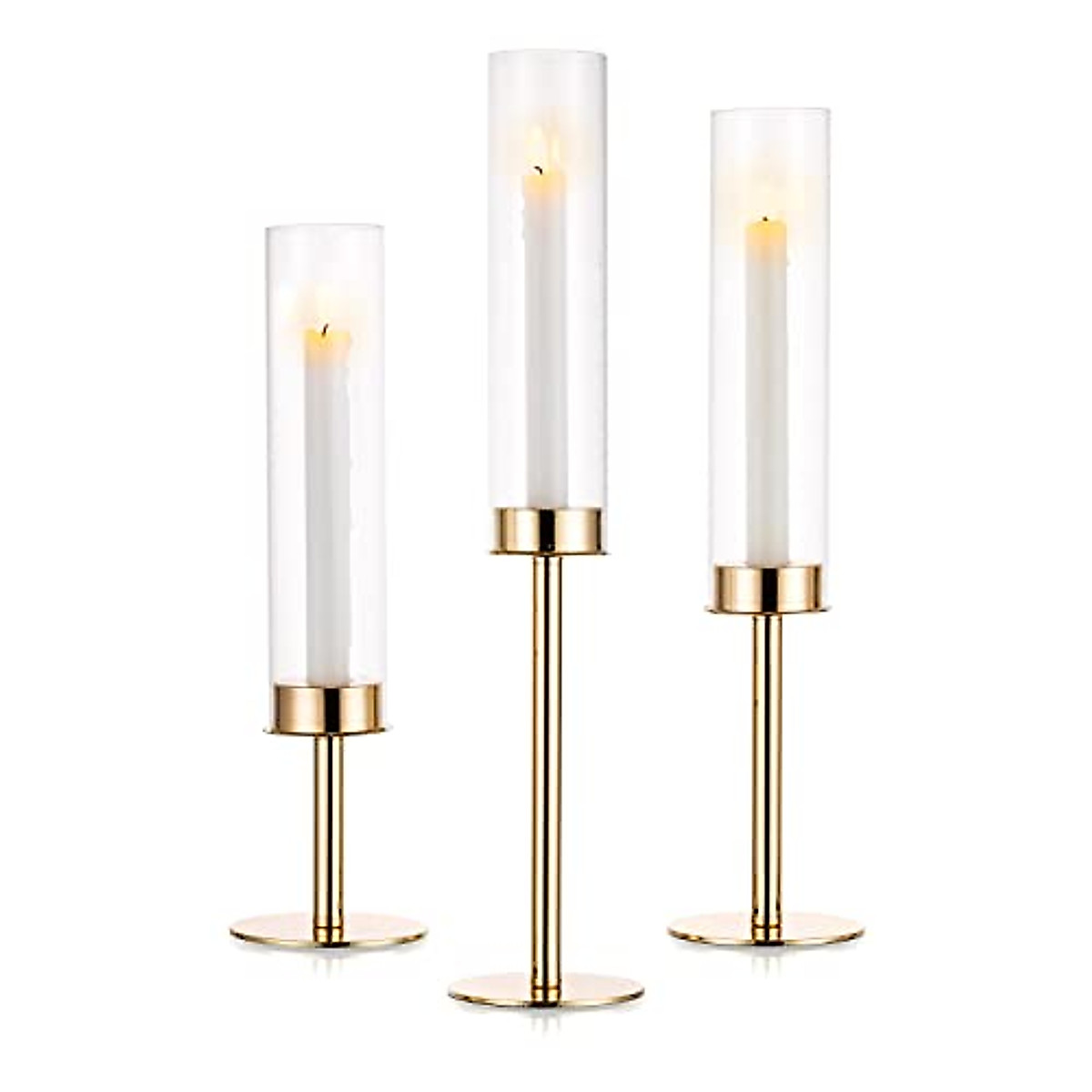 Nuptio Gold Candlestick Holder Tall Hurricane Candle Holder Set of 3 Taper Candle Holders Candle Stand Glass Cover Candlesticks Holders Table Centerpiece for Wedding Party Birthday Christmas Decor