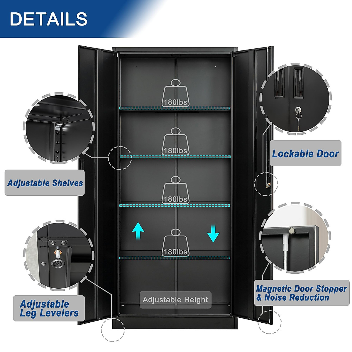 iDEKAI Metal Storage Cabinet with Locking Doors and Adjustable Shelves, 71" H Lockable Steel Storage Cabinets for Home, Office, Garage, School (Black)