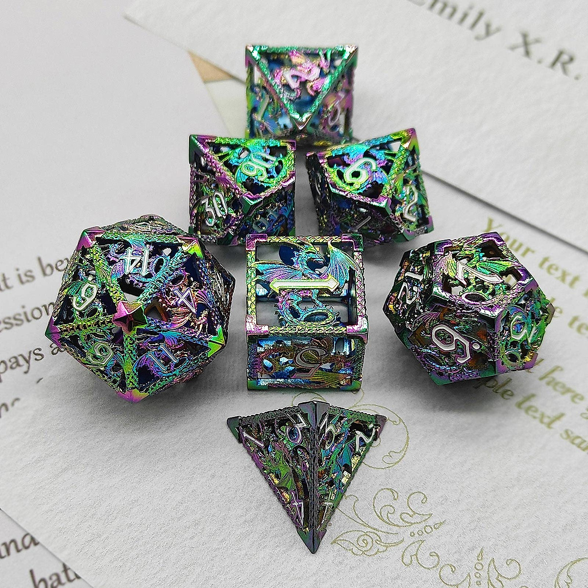 Metal Hollow DND Dice Set D&D Dungeons and Dragons Polyhedral 7-Piece RPG MTG Dice Gift D20 D6 Role Playing Pathfinderboard Game Accessories Digital Teaching Metal Box-Gold