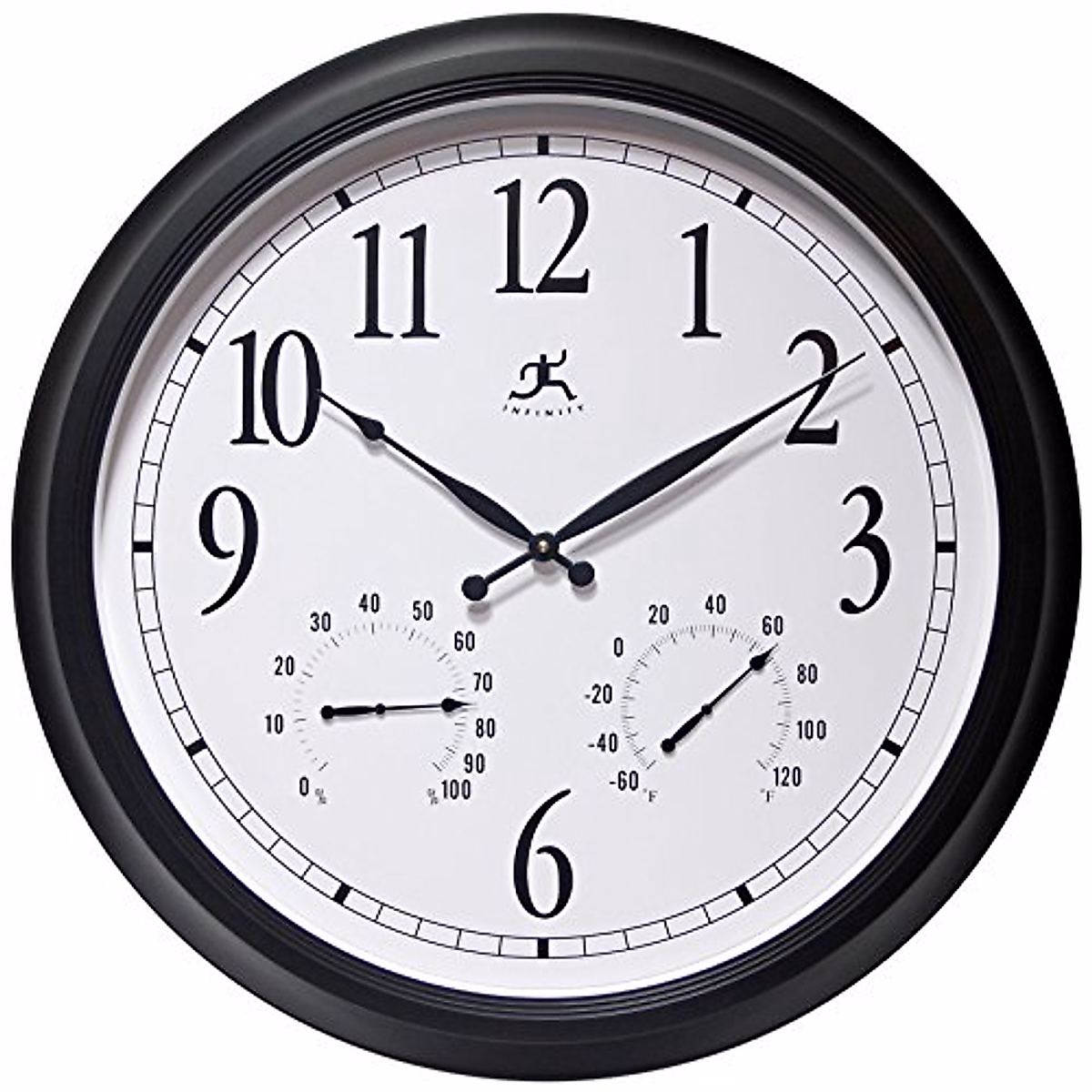 Infinity Instruments 24 inch Classic Humidity Round Wall Outdoor Indoor Thermometer Clock Hygrometer | for Patio, Pool, Garage, Large, Black/White
