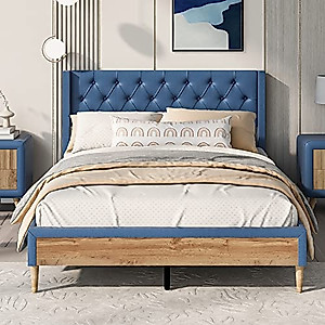Lifeand Full Size Upholstered Platform Bed with Rubber Wood Legs,No Box Spring Needed, Linen Fabric,Blue
