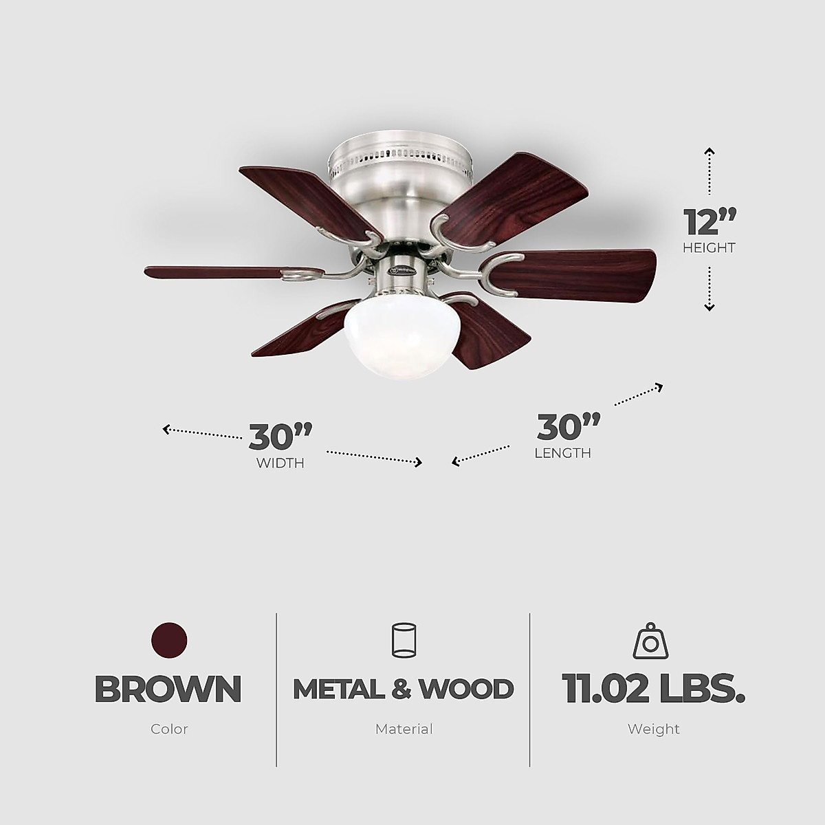 Westinghouse Hadley 30 Inch Brushed Nickel Finish Ceiling Fan with 6 Reversible Blades and Bowl Light Kit with 1 Candelabra Base Light Bulb